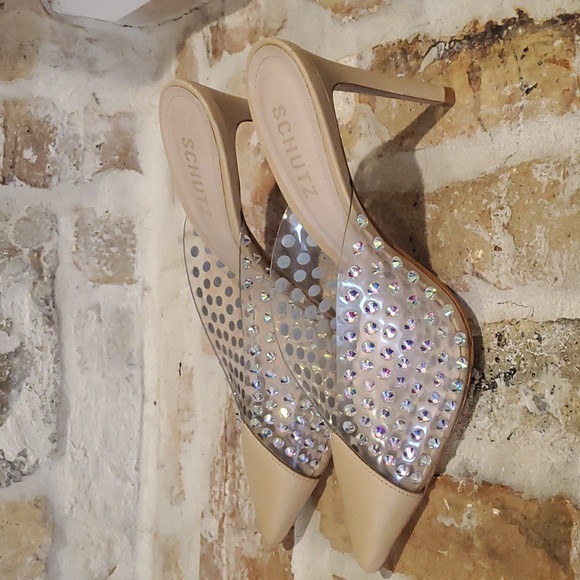SCHUTZ | Shoes | Schutz Greece Pump Crystal Clear Nude Slip On Pointy ...